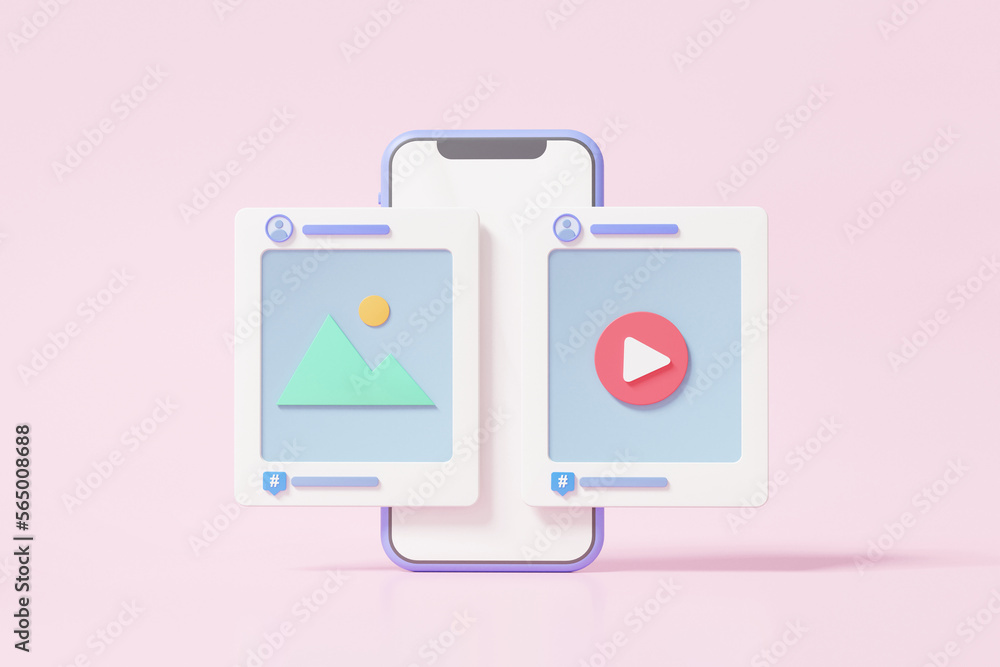 3D Social media online concept. with show post photo frame and video ...