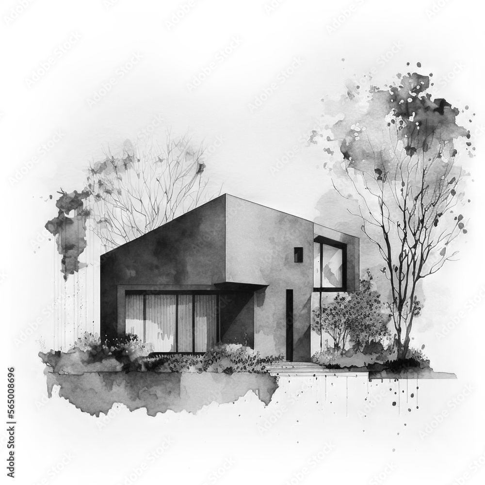 black and white drawing of a modern minimalist house in idyllic setting ...