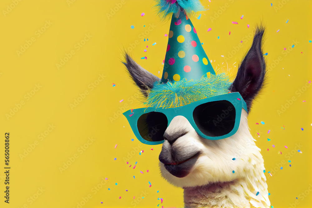 alpaca in party hat and sunglasses over yellow background. Generative ...