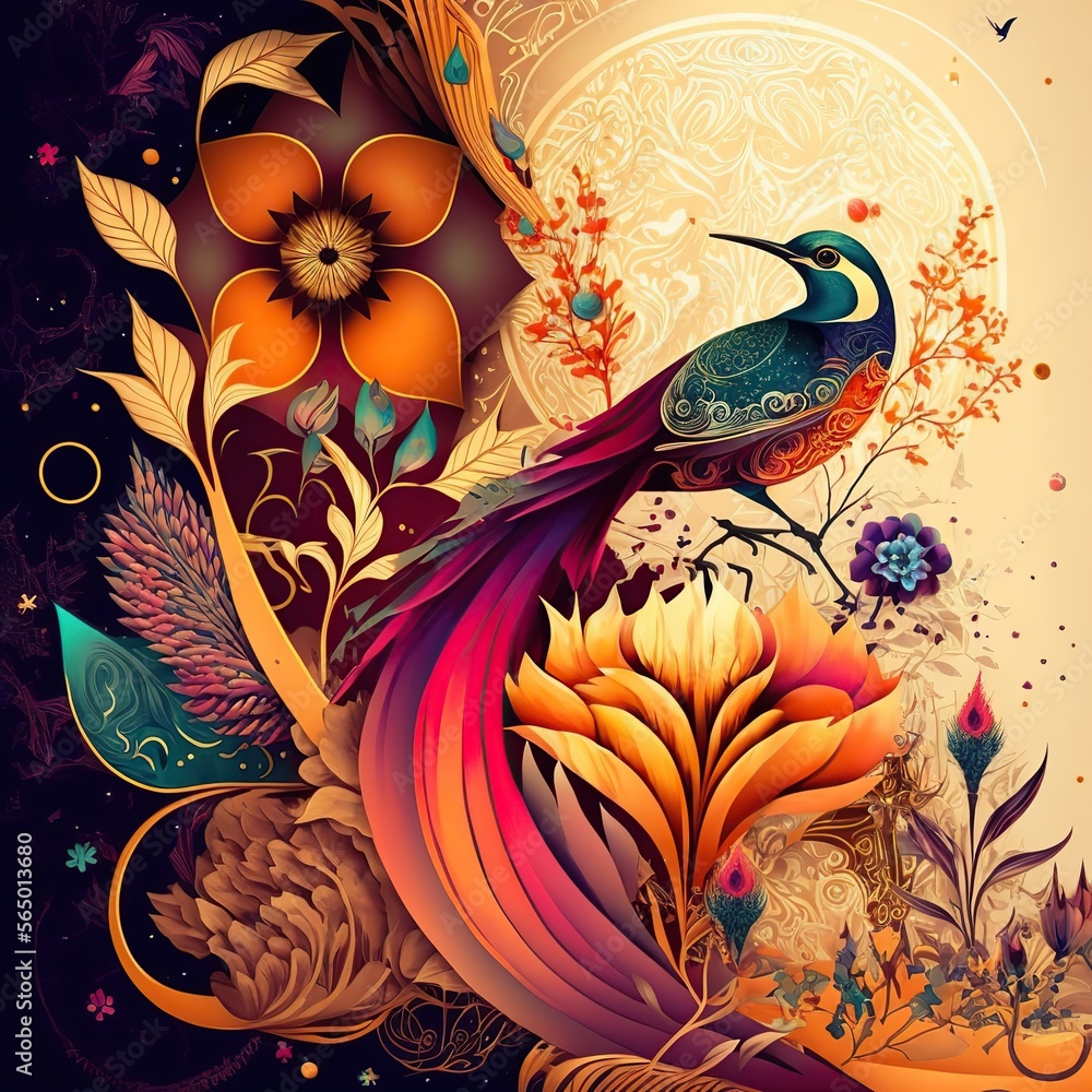 Exotic oriental with wildlife and flowers in multicolor. 3d interior ...