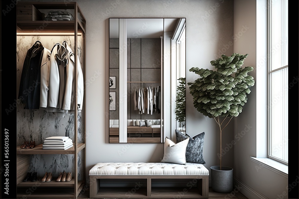 Ilustração do Stock: a room with a bench, mirror and a plant in it and ...