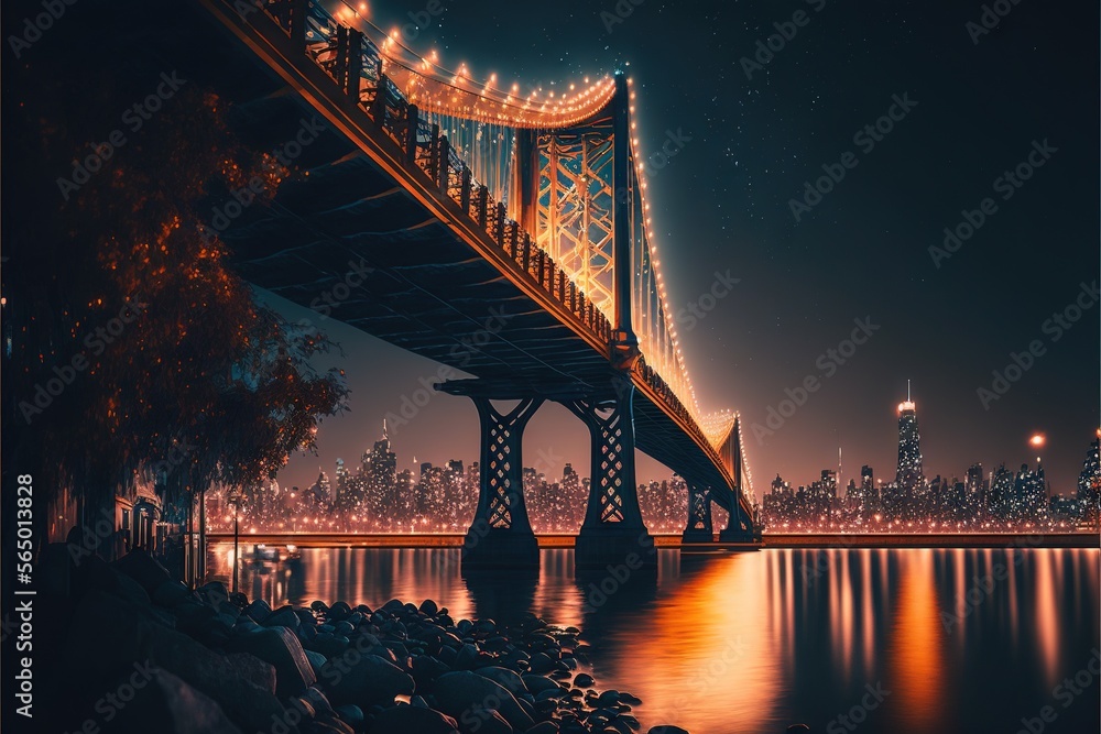 a bridge that is over a body of water at night with lights on it and a ...