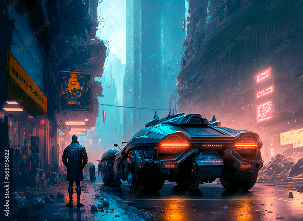 Neon urban future. Futuristic car on the cyberpunk city street ...