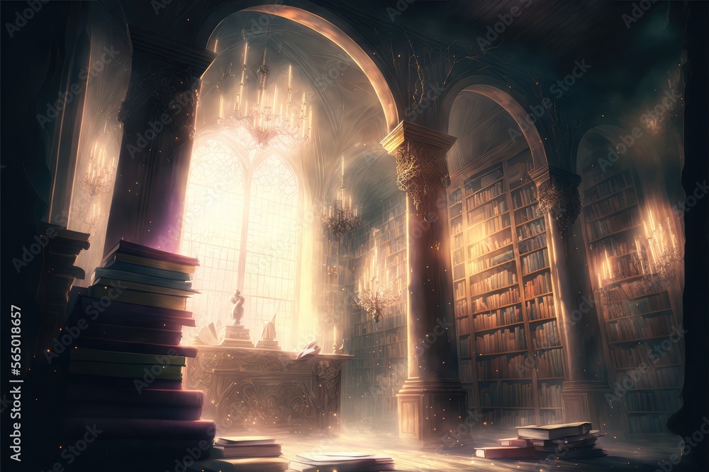 Golden light entering the rosetta gothic window in the ancient library ...