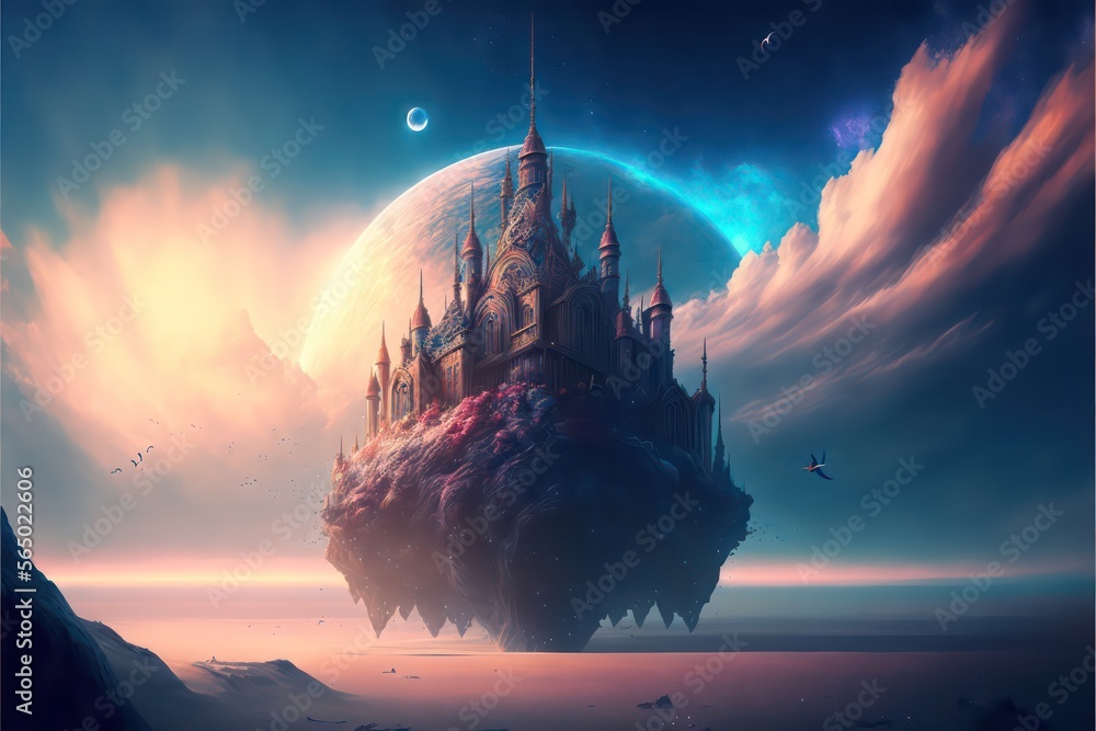 Fantasy sky castle digital art illustration. Generative AI. Stock ...