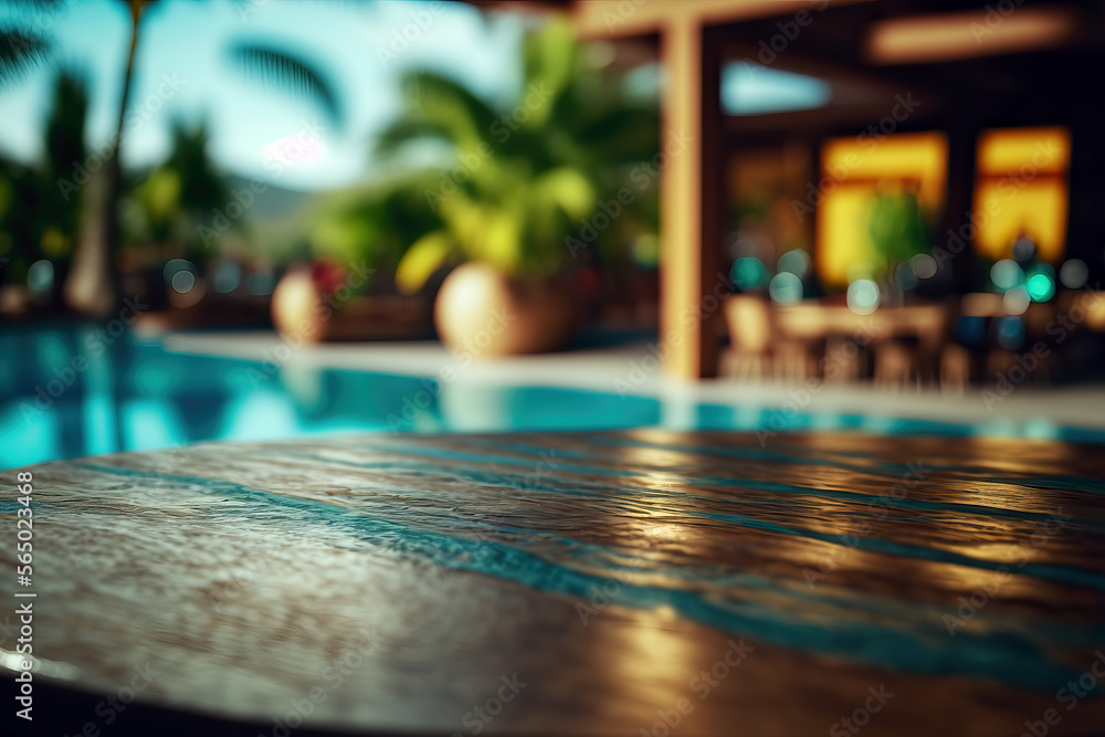 empty wooden table with blurry background of a tropical pool, ai ...