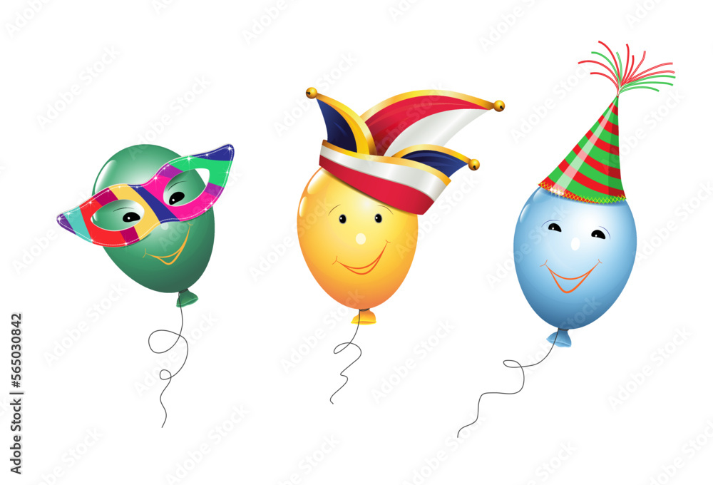 Vetor de Luftballons mit fröhliche Gesichter, mit Masken Brille und Hut ...
