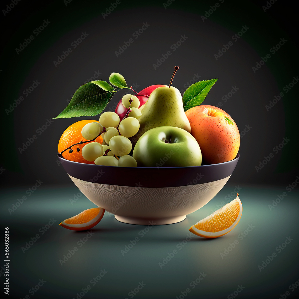 Bodegón de bol de frutas variadas saludables, colores vivos y saturados ...