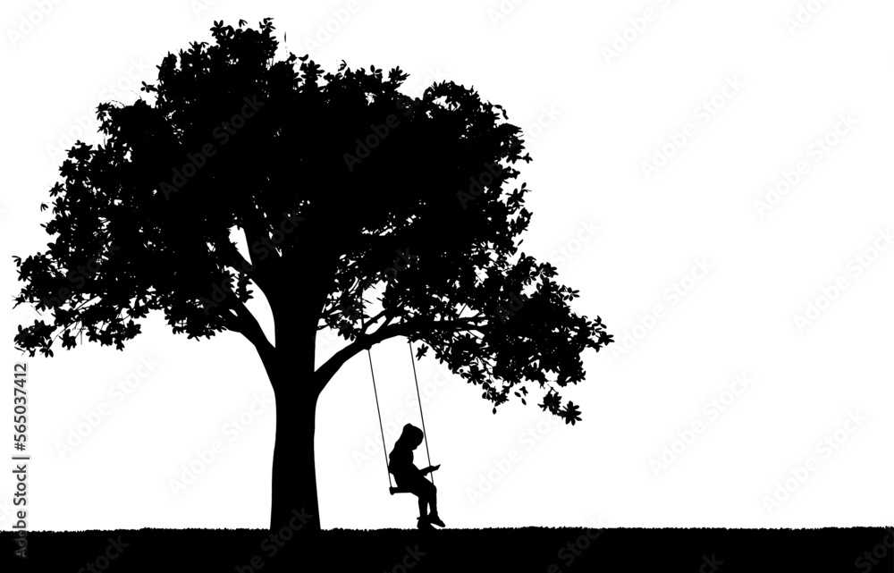 Silhouette Vector of a little girl reading a book sitting on a swing ...