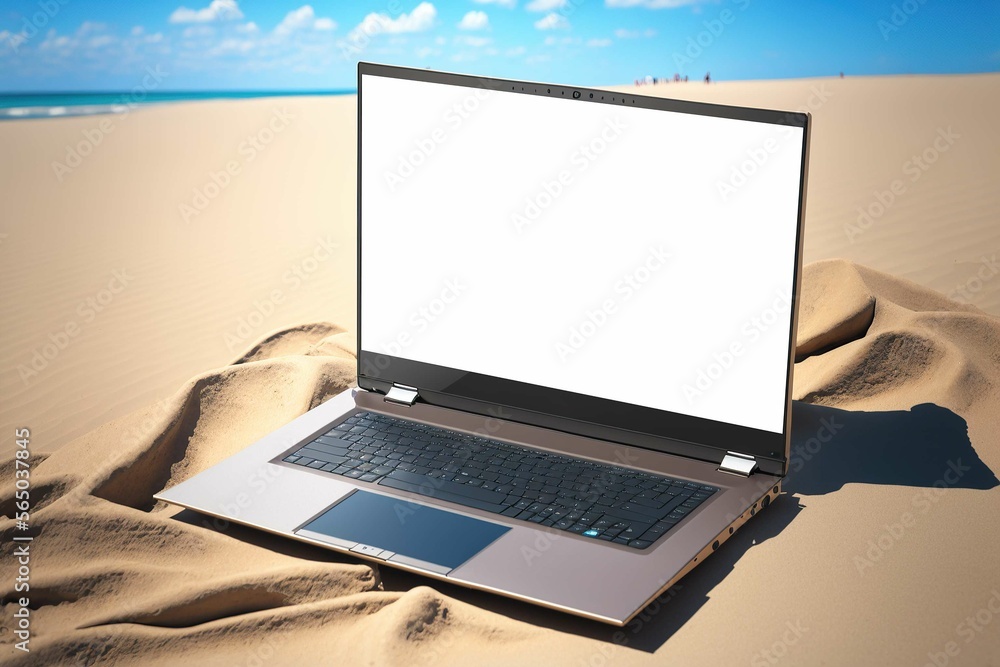 Modern laptop mockup on the sand , beach background ,AI generated Stock ...