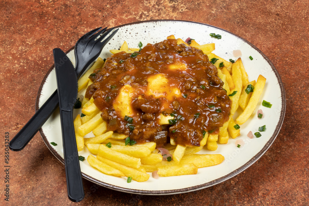 Foto de assiette de frites, cheddar et viande hachée de boeuf à la ...