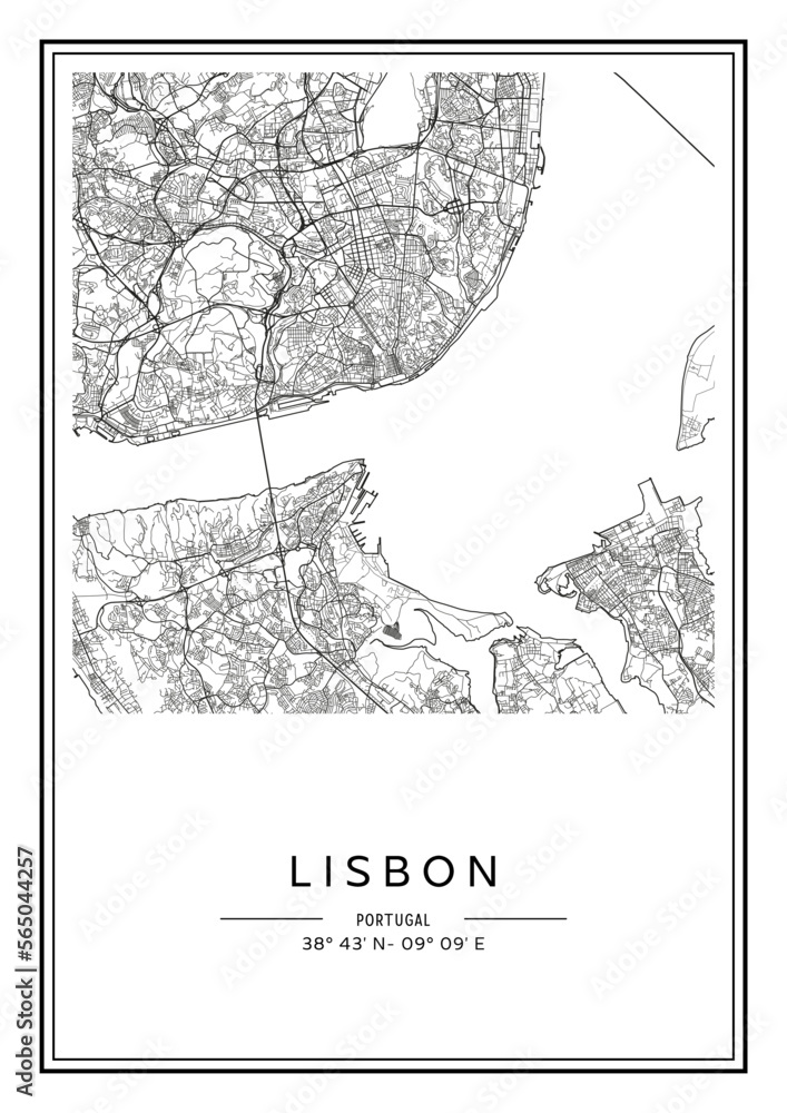 Black and white printable Lisbon city map, poster design, vector ...