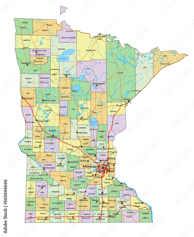Minnesota - Highly detailed editable political map with labeling. Stock ...