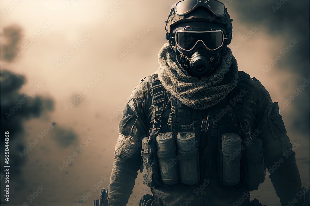 Strong military man in uniform. A powerful image of the military, ready ...