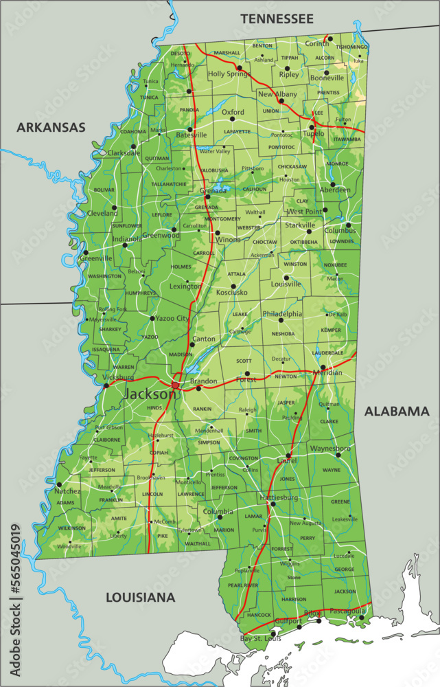 High detailed Mississippi physical map with labeling. Stock Vector ...