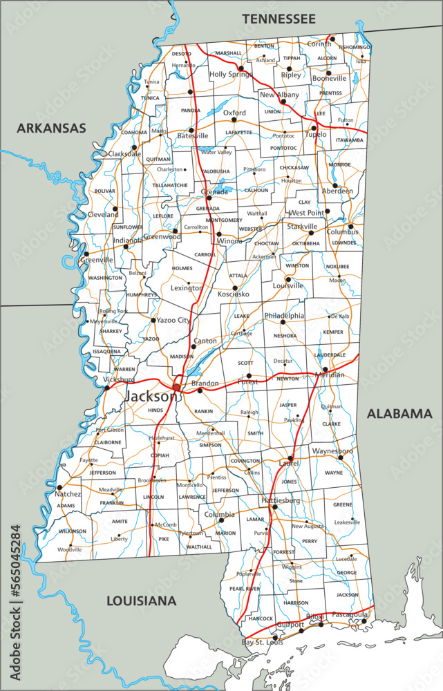 High detailed Mississippi road map with labeling. Stock Vector | Adobe ...
