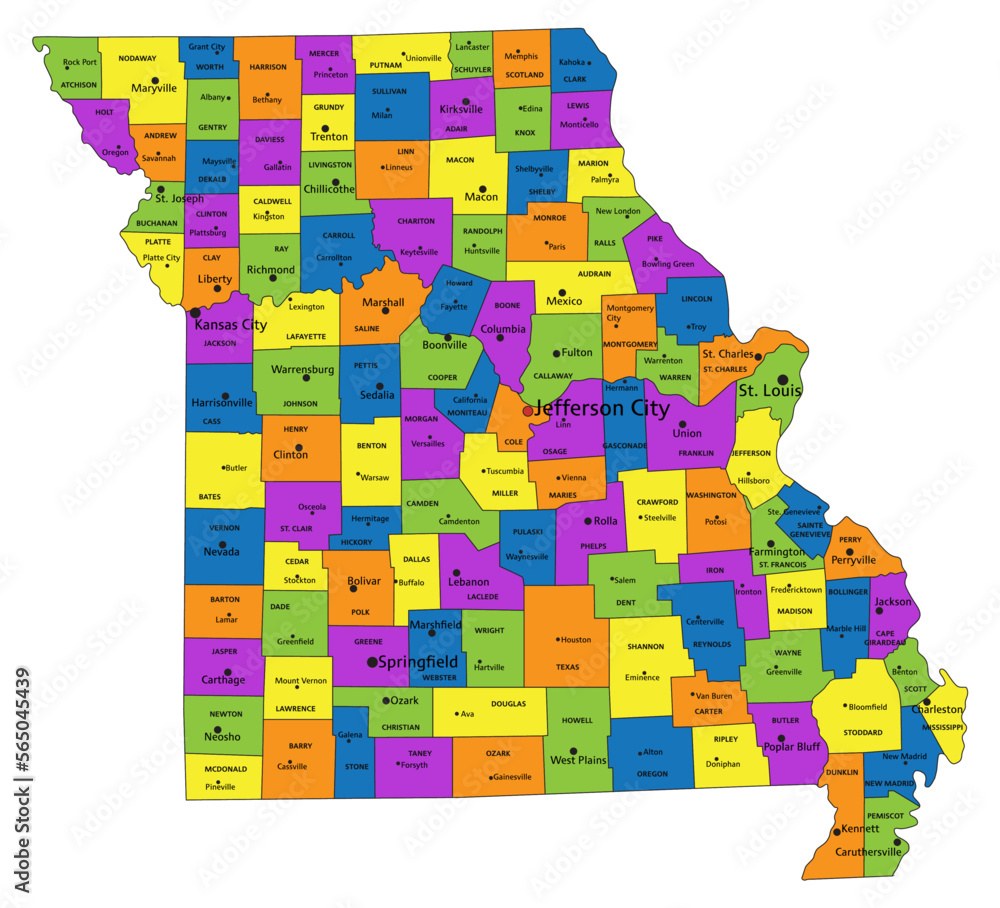 Colorful Missouri political map with clearly labeled, separated layers ...