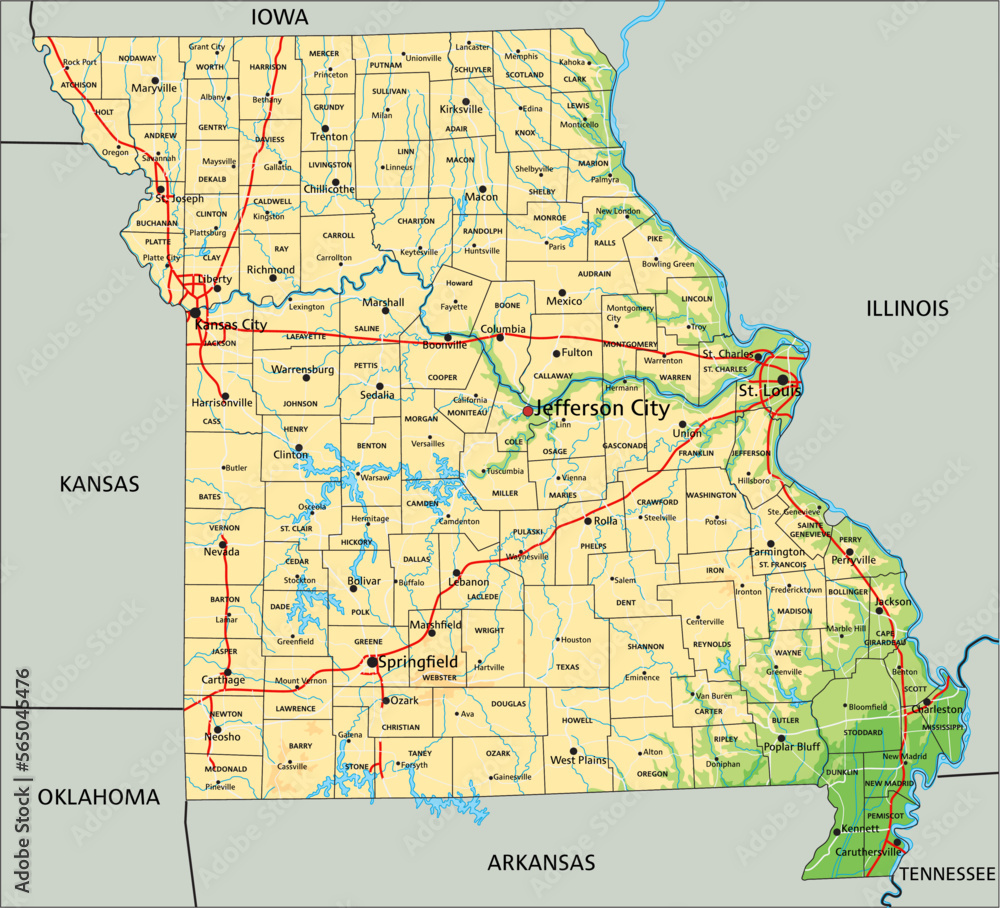 High detailed Missouri physical map with labeling. Stock Vector | Adobe ...