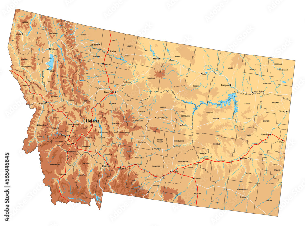Highly detailed Montana physical map with labeling. Stock Vector ...