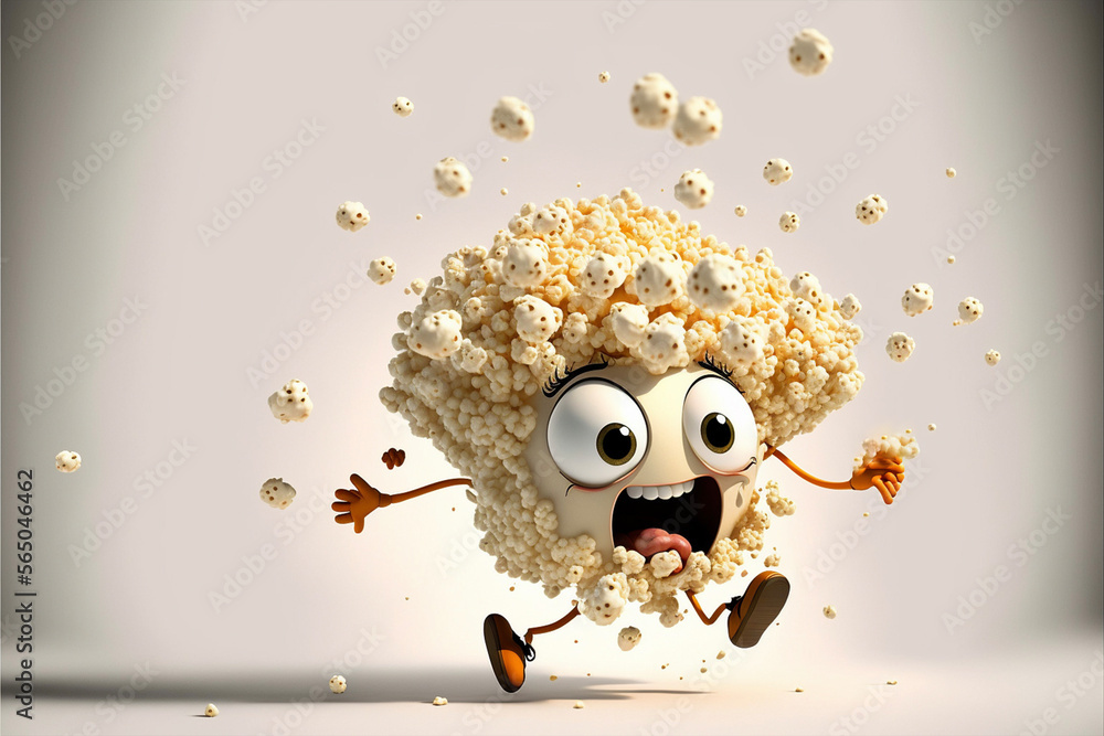 escaping popcorn, cartoon, pixar style, white background Stock ...