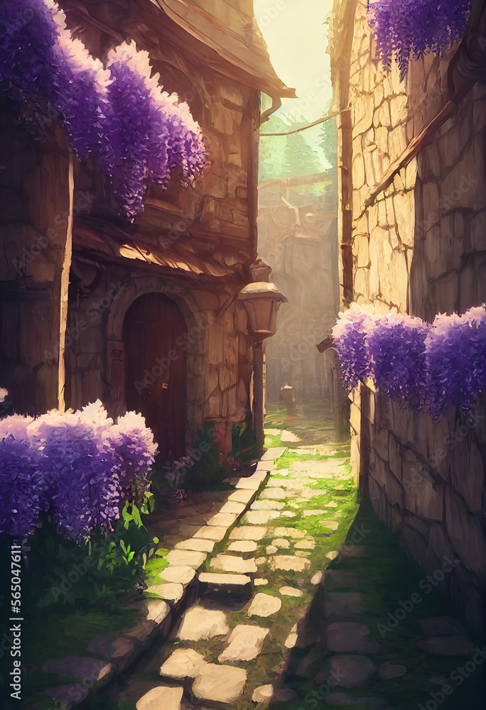 medieval alleyway wisteria cozy summer anime background animation ...