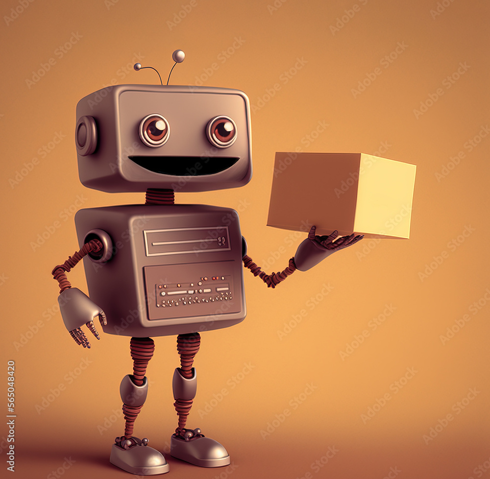 Retro robot holding a blank cardboard box over yellow background with ...