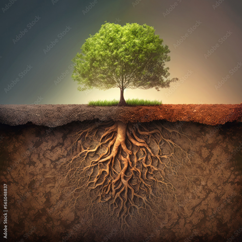 Tree with its root system going deep into the ground, soil cross ... Tree with its root system going deep into the ground, soil cross ...