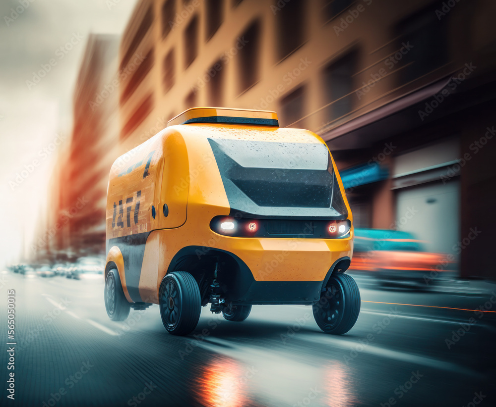 Autonomous delivery vehicle captured in motion on a city street, with ...