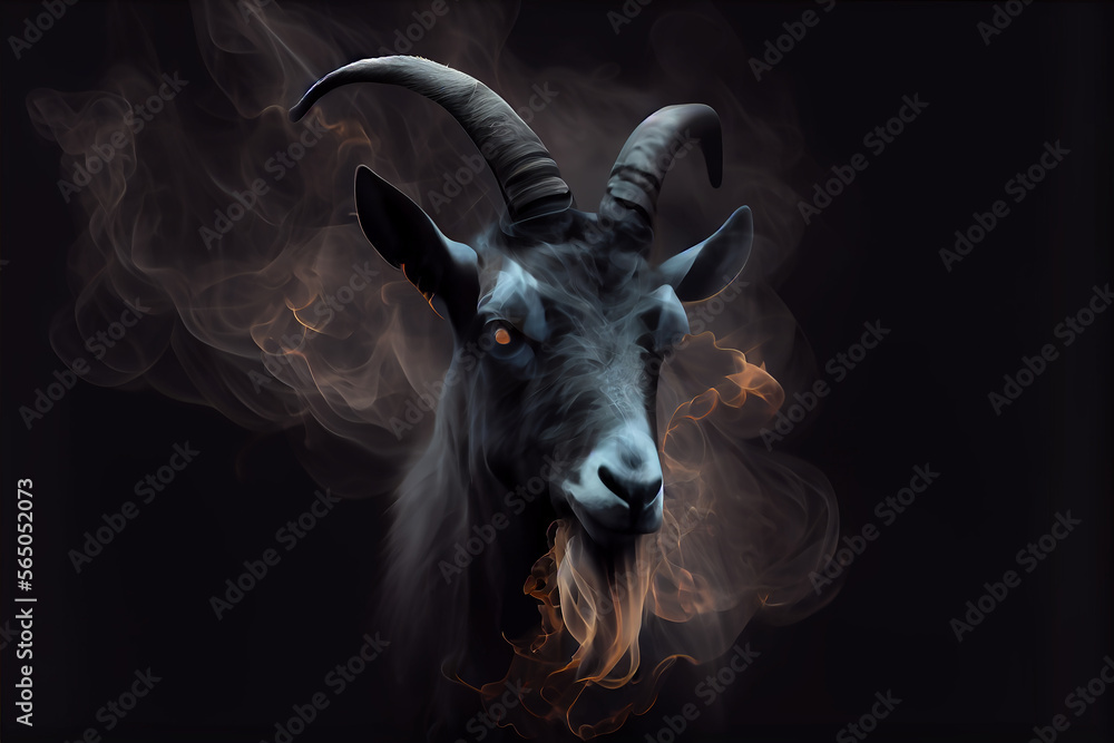 Goat with horns on a black background surrounded by smoke, high ...