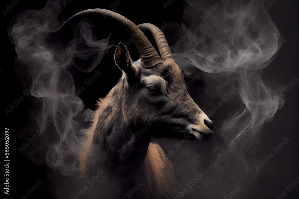 Goat with horns on a black background surrounded by smoke, high ...