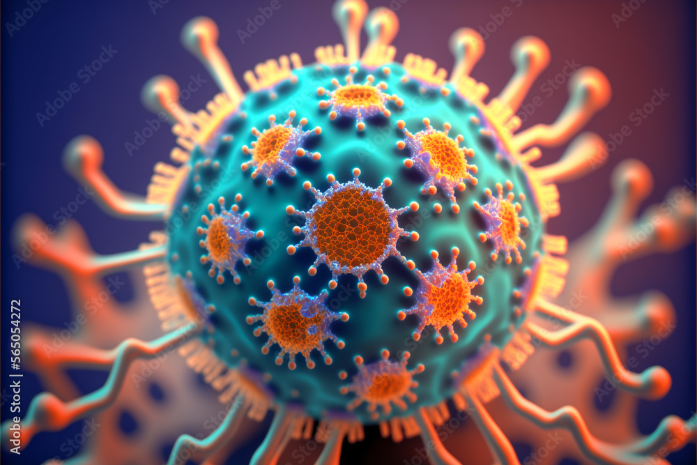 A close-up of a colorful round virus with legs around its perimeter ...