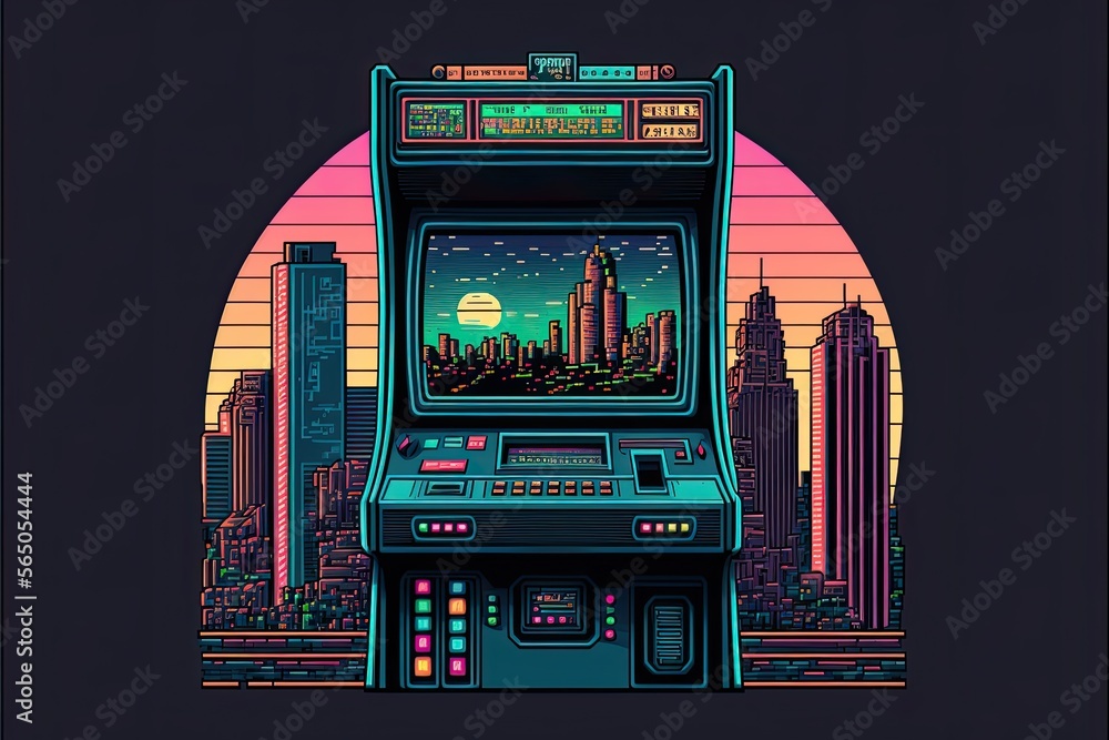 Pixel art slot machine, arcade with city background in retro style for ...