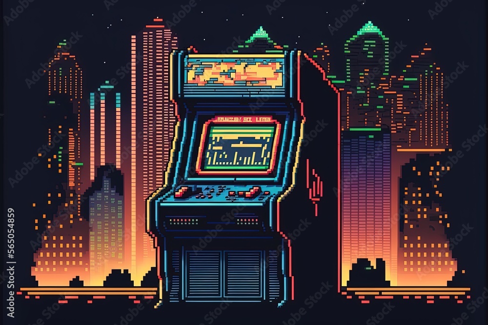 Pixel art slot machine, arcade with city background in retro style for ...