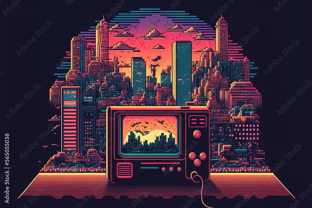 Pixel art old video game console in cityscape, background in retro ...