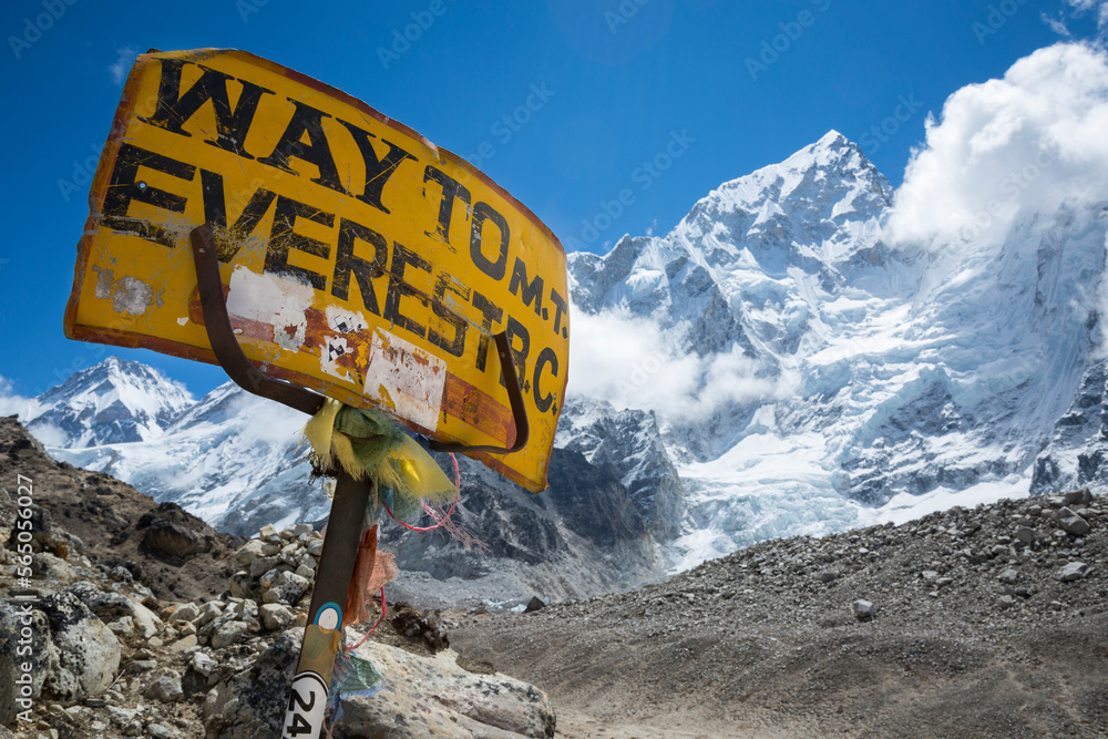 The sign to Mount Everest base camp in Nepal. Stock Photo | Adobe Stock