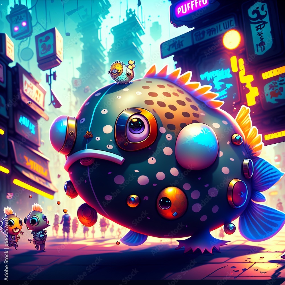 AI-generated digital art of a giant pufferfish floating around the ...