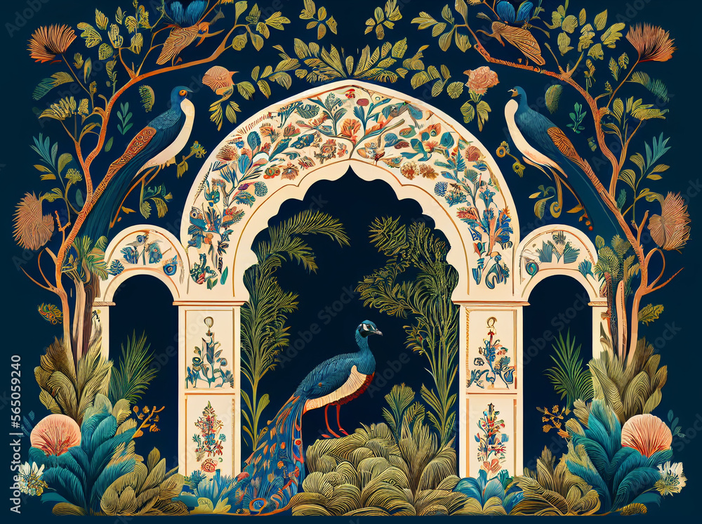 Traditional Mughal garden, arch, peacock, plant and bird illustration ...