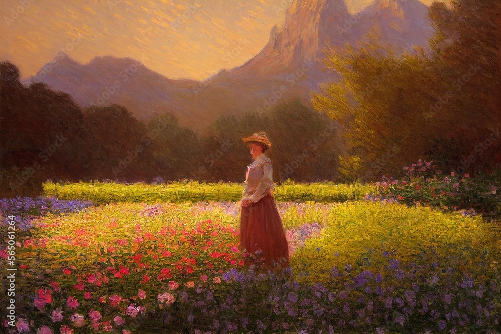 Girl In Flower Field Painting
