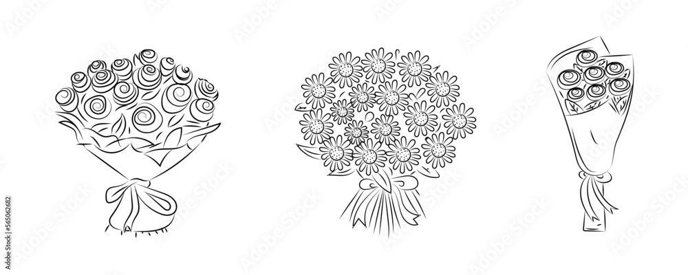 Hand drawn bouqets of flowers vector set. Flowers bouquet sketch ...