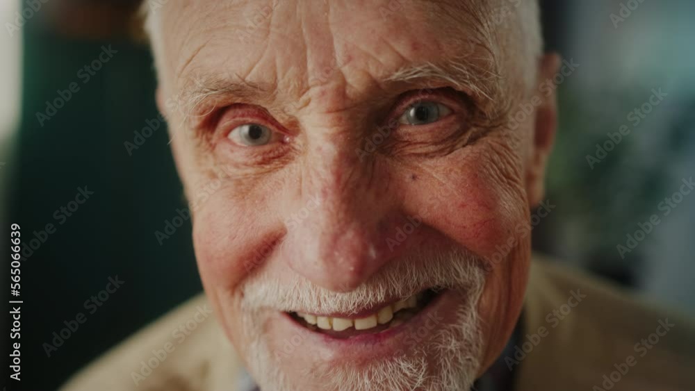 6K Portrait of healthy happy smile senior elderly old man face at home ...