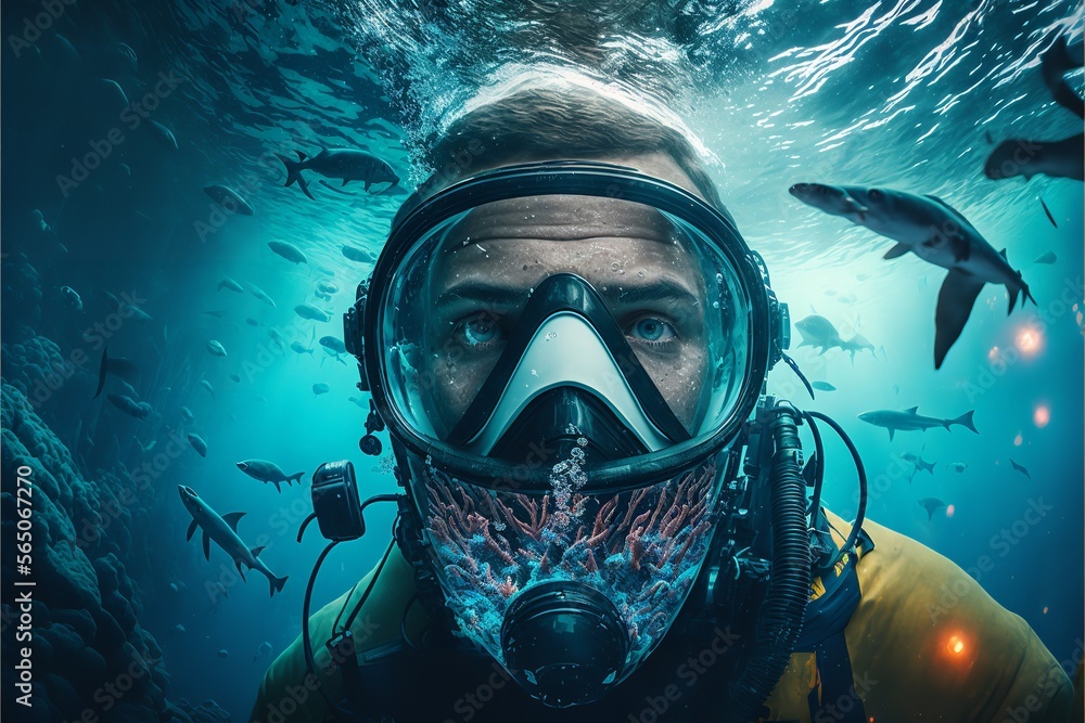 Shark attacks a fictional scuba diver underwater. open mouth with great ...