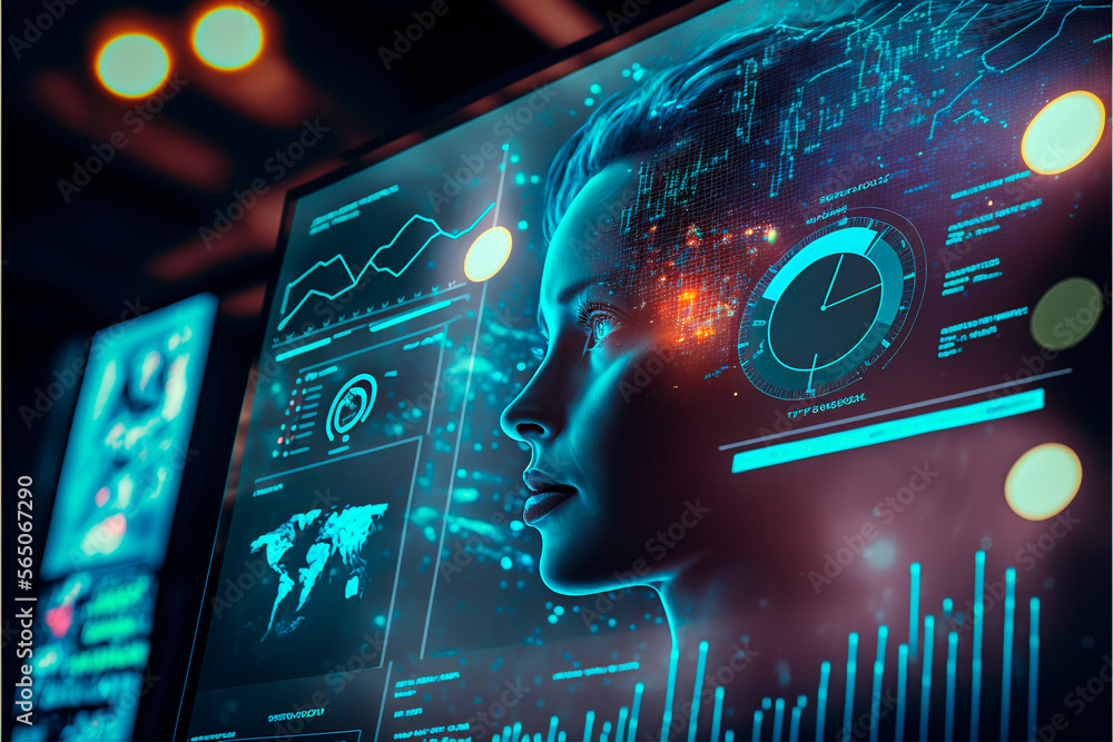 digital dashboard in 2023 against blue hologram. Artificial ...