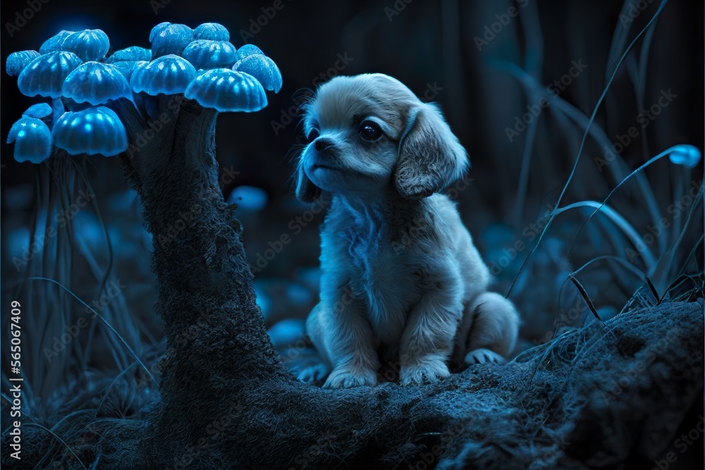 A small dog sitting next to a glowing mushroom turns into blue light ...