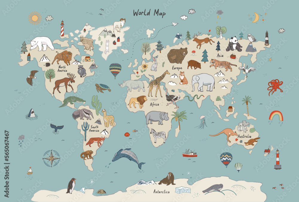 Animals world map vector illustration. Stock Vector | Adobe Stock