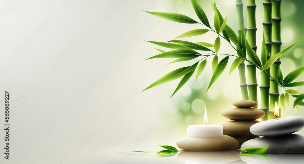 Zen concept banner. Spa wellness background with green bamboo, candles ...