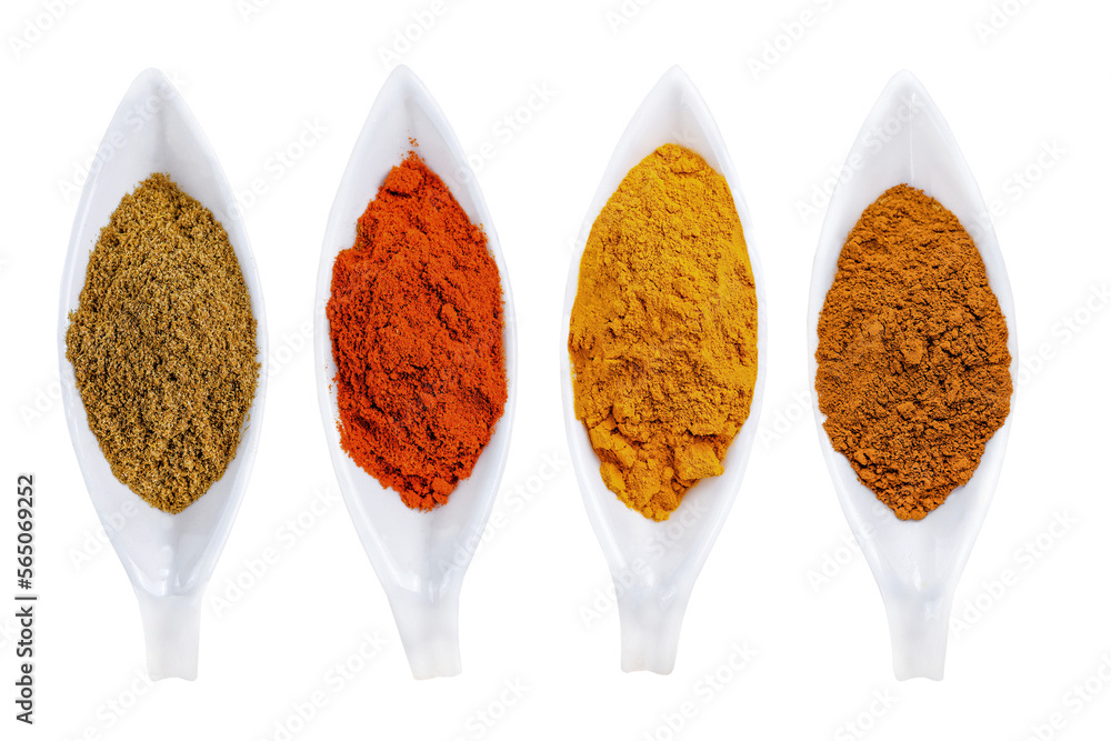 Cutout of isolated various Asian spices including cinnamon powder ...
