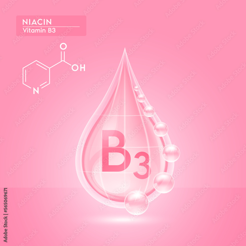 Pink shine vitamin B3 water drop with oxygen bubble net around and ...