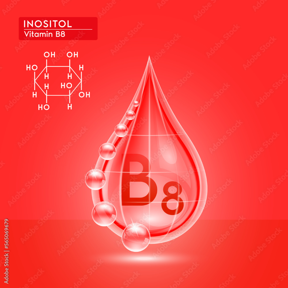 Red shine vitamin B8 water drop with oxygen bubble net around and ...