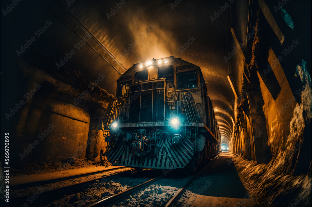 Diesel locomotive in a coal mine underground. Mineral resources for ...