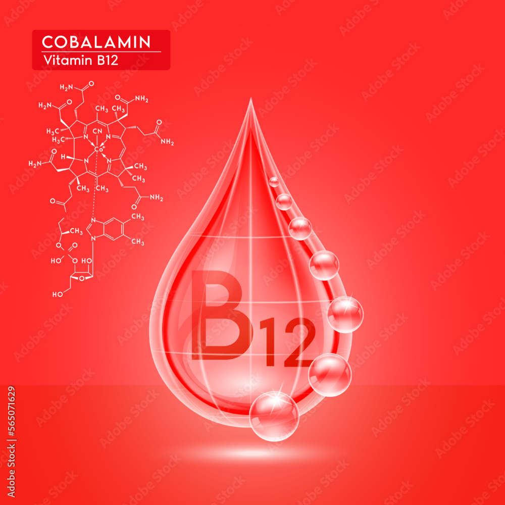 Red shine vitamin B12 water drop with oxygen bubble net around and ...